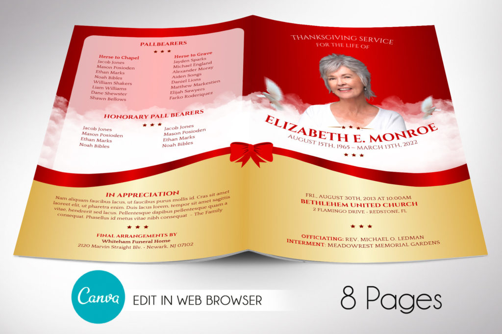 Red Ribbon Funeral Program Canva Template » Godserv Designs
