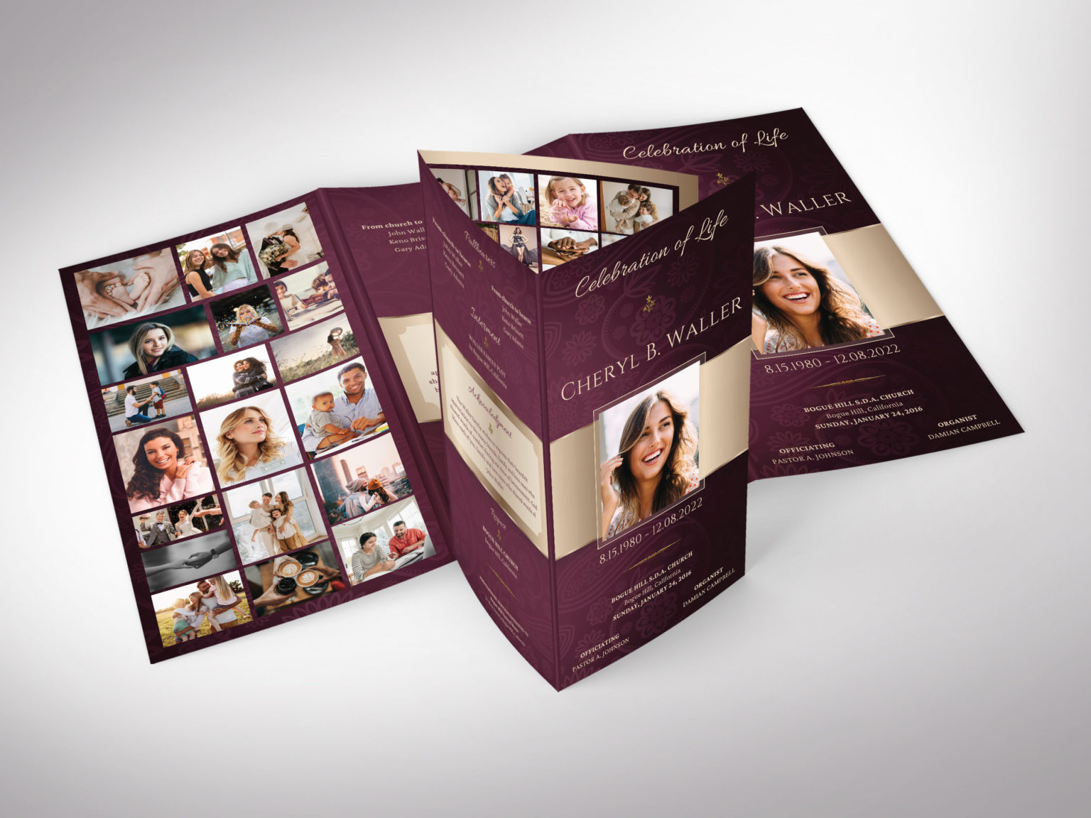 Vintage Maroon Legal Trifold Funeral Program Template for Canva ...
