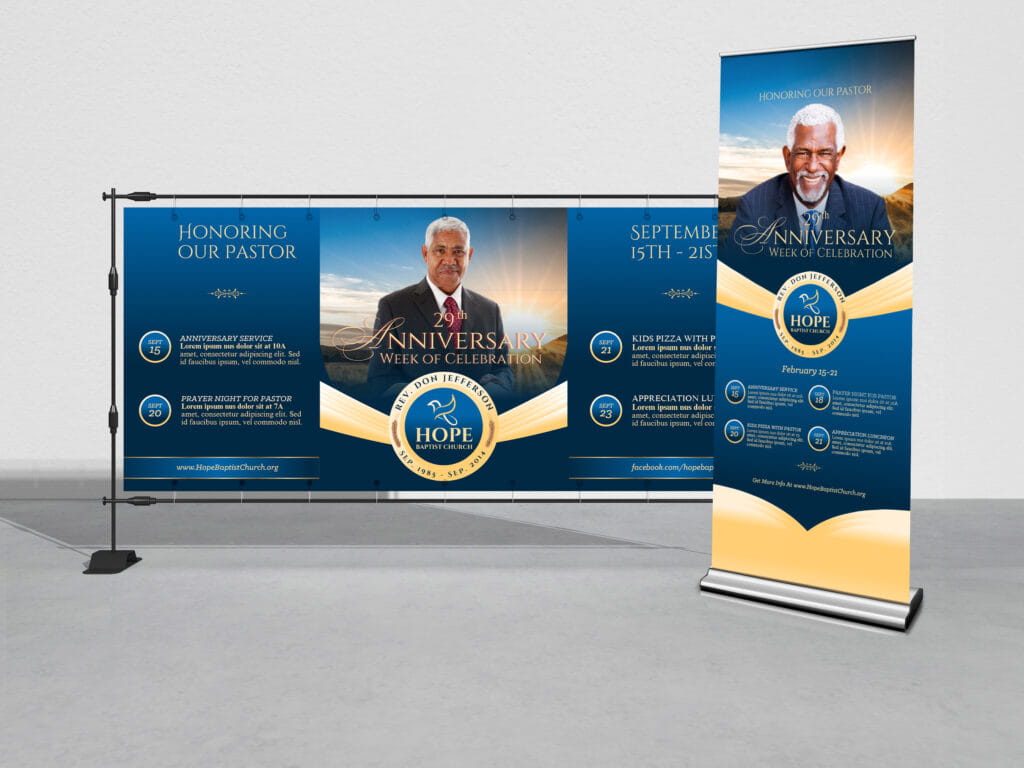 Blue Pastor Anniversary Banner Canva Template » Godserv Designs