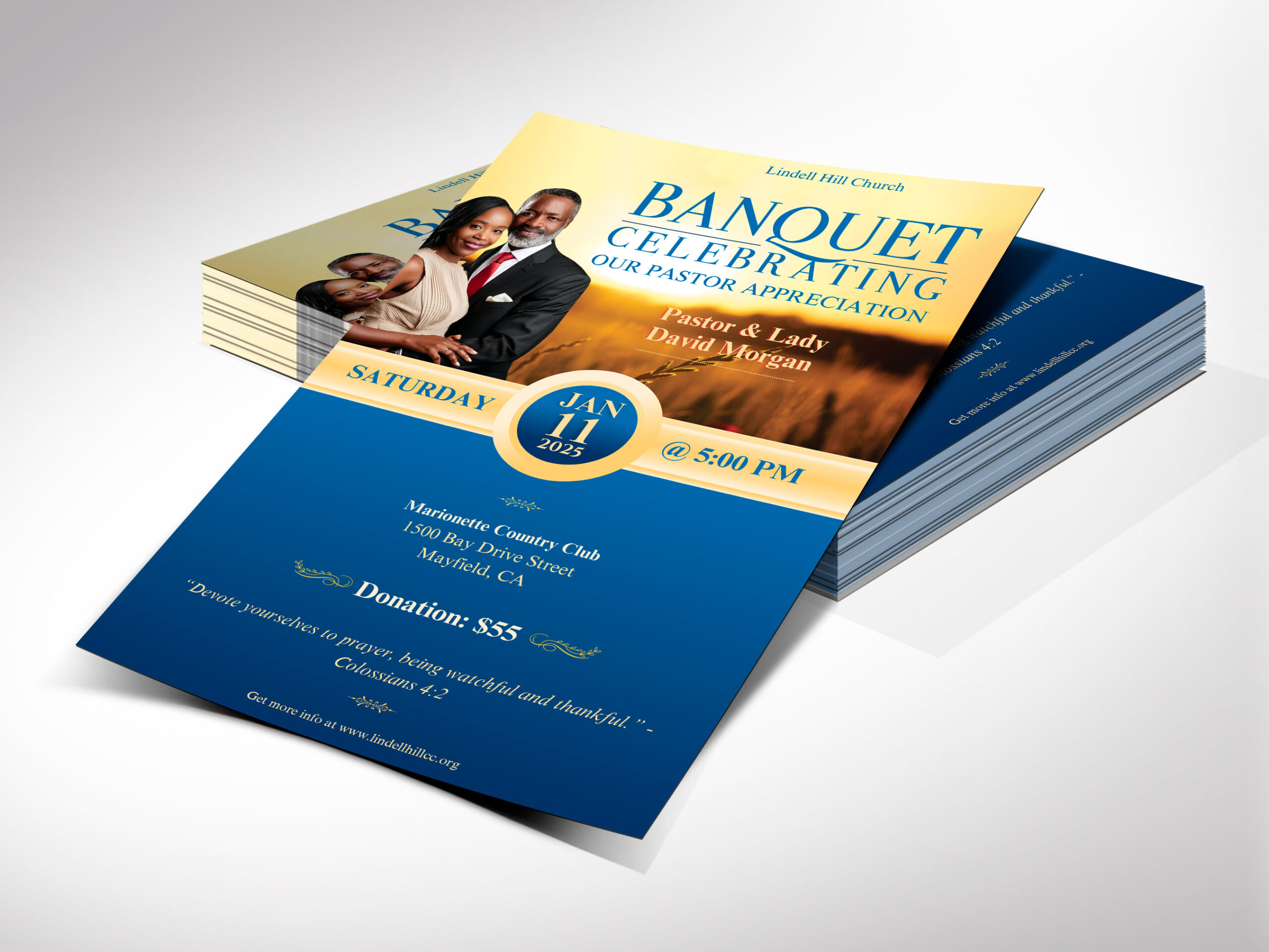 Blue Pastor Anniversary Banquet Flyer Canva Template » Godserv Designs